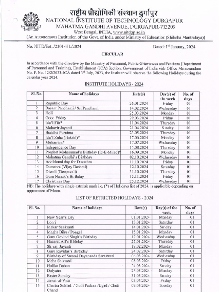 Circular Institute Holidays - 2024 - NITD1 | PDF