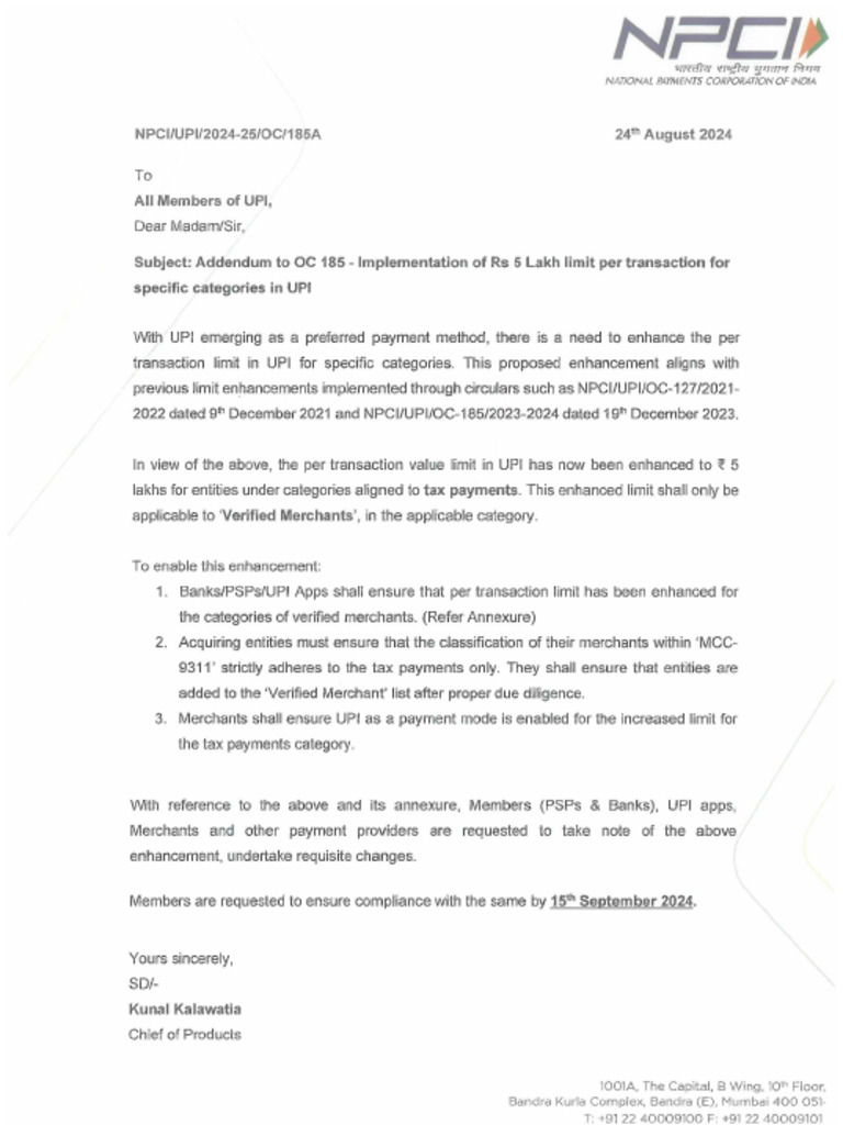 UPI OC No 185A FY 24 25 NPCI - Implementation of Rs 5 Lakh Limit Per ...