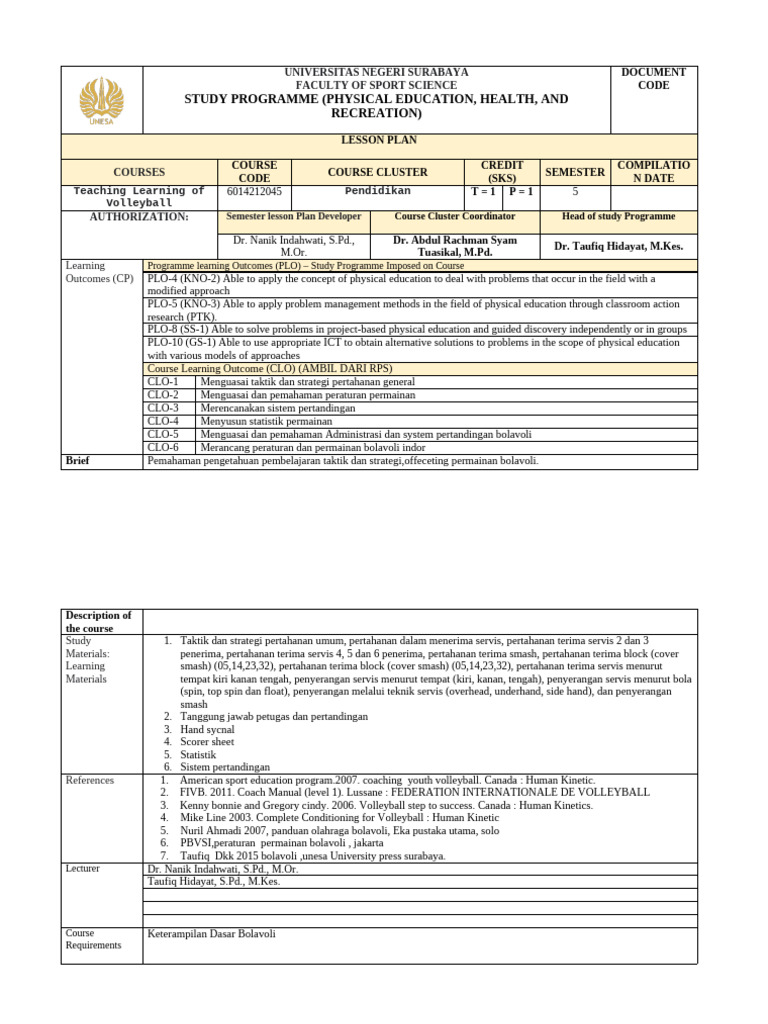 RPS Pembelajaran Bolavoli | PDF