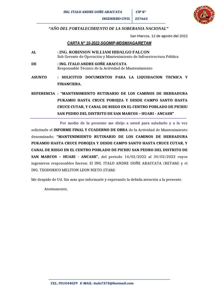 010 - Carta de Solicitud de Informe Final | PDF