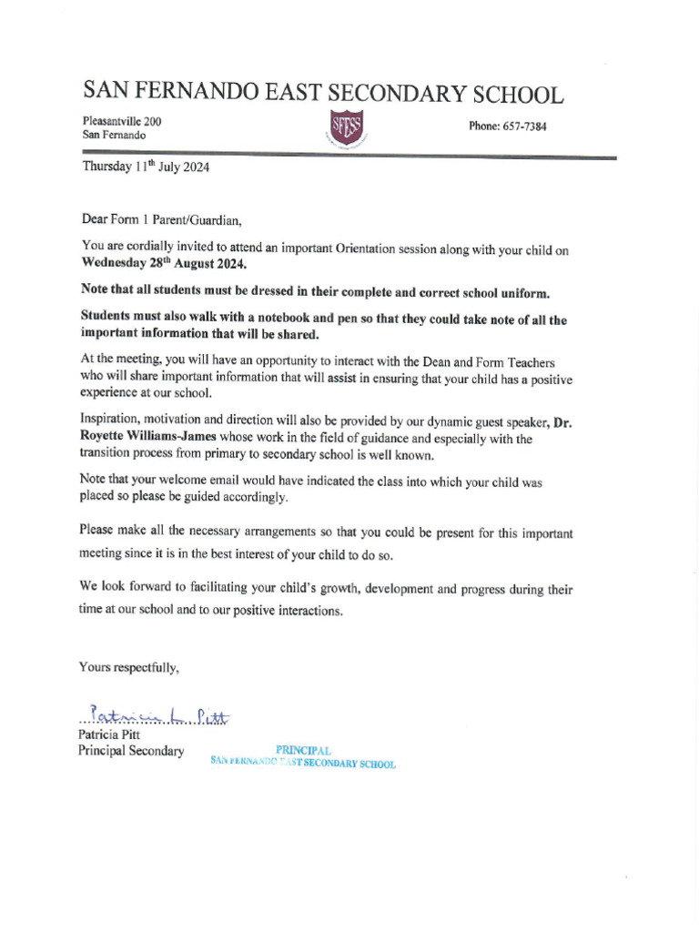 Letter To Form 1 Parents Re Orientation 2024 | PDF