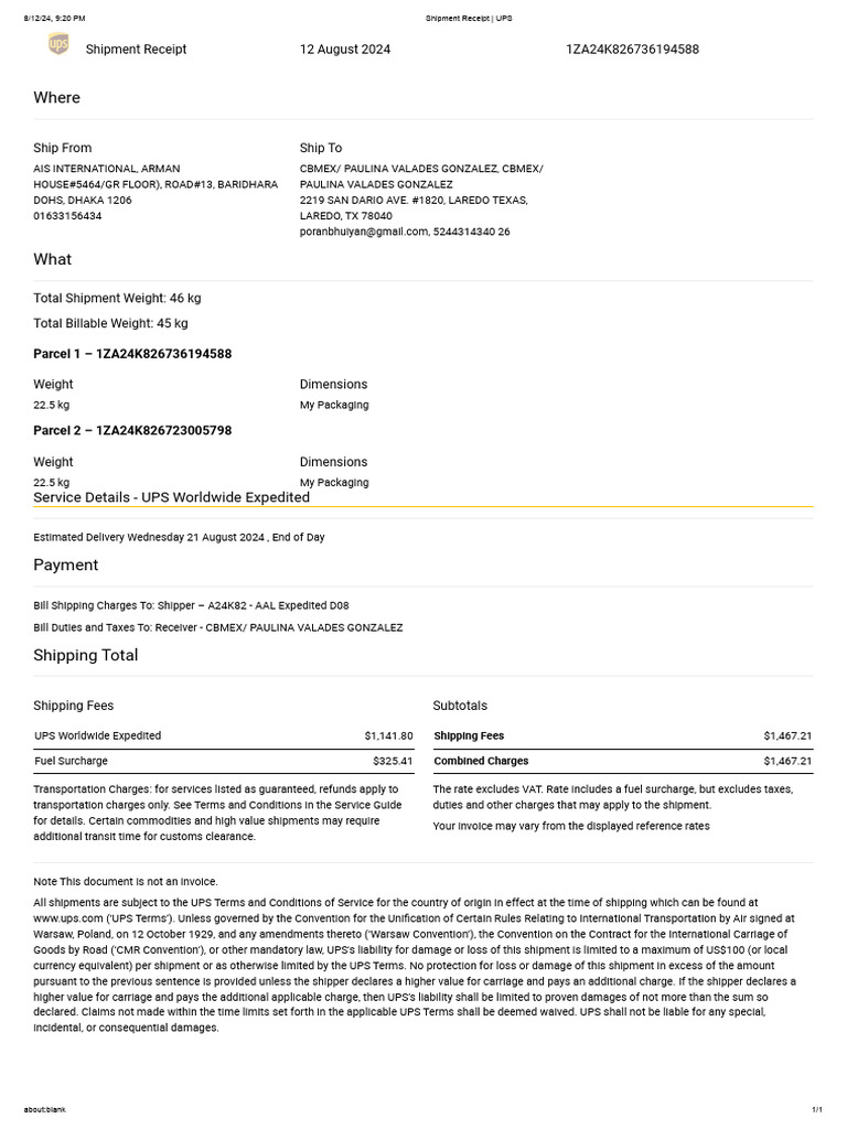 UPS Shipment Receipt - August 2024 | PDF | Receipt | United Parcel Service