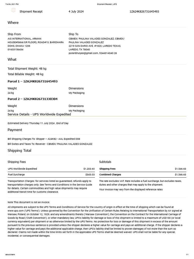 Shipment Receipt - UPS 040724 sr2 | PDF | Receipt | United Parcel Service