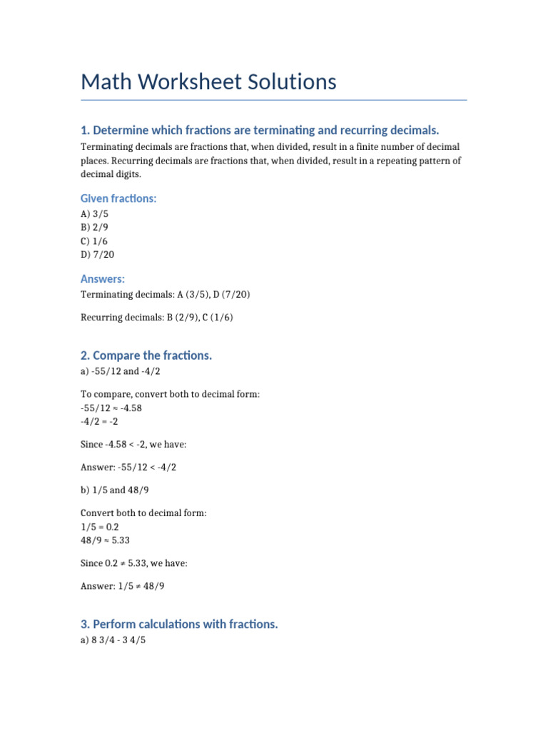 Math Worksheet Solutions | PDF