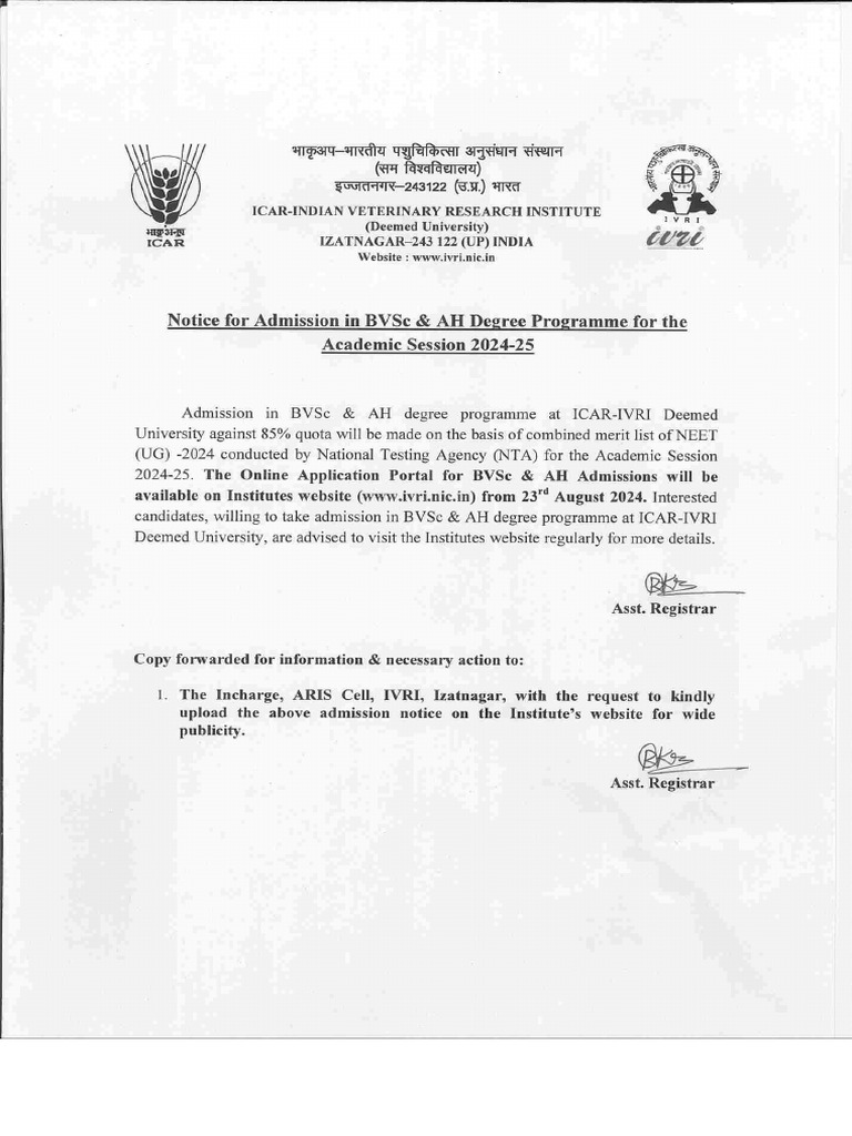 ADMISSION NOTICE 2024-25 BVSc&AH | PDF