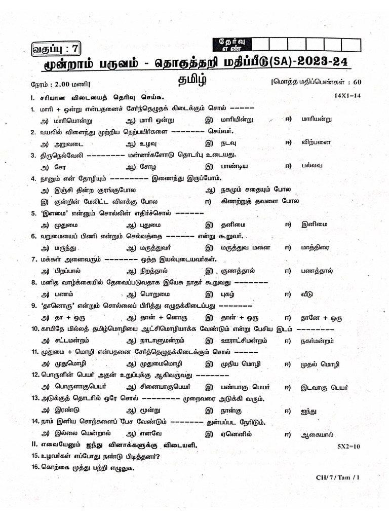 7th Tamil Term 3 Exam April 2024 Question Paper PDF Download | PDF