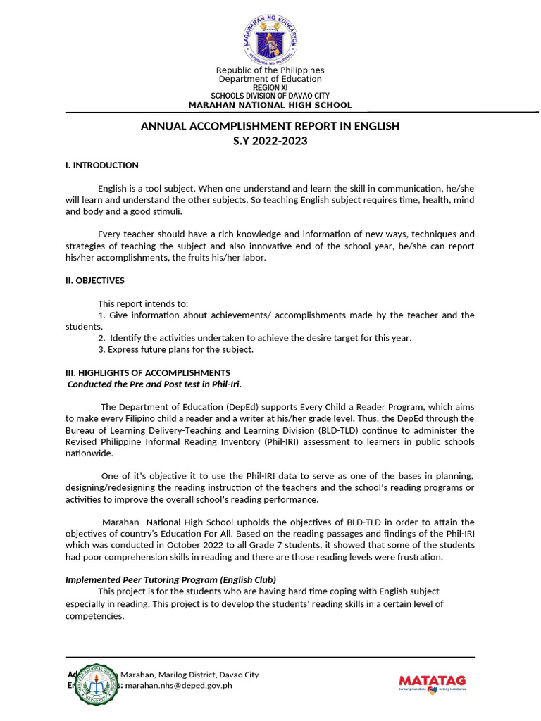 English Accomplisment Report | PDF | Reading Comprehension | Teachers