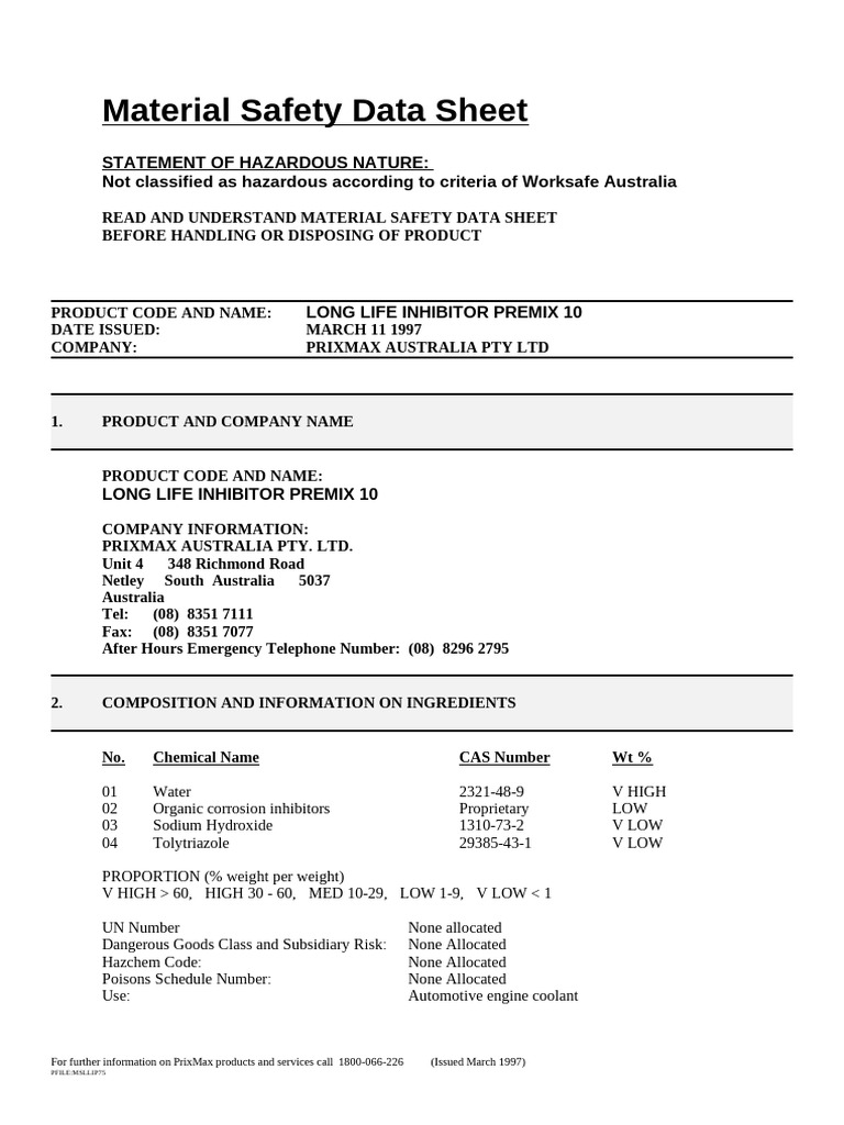 Long Life Inhibitor Premix 10 MSDS | PDF | Safety | Dangerous Goods