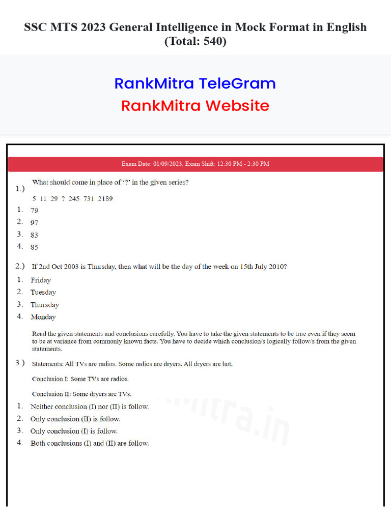 SSC MTS 2023 General Intelligence in Mock Format in English | PDF