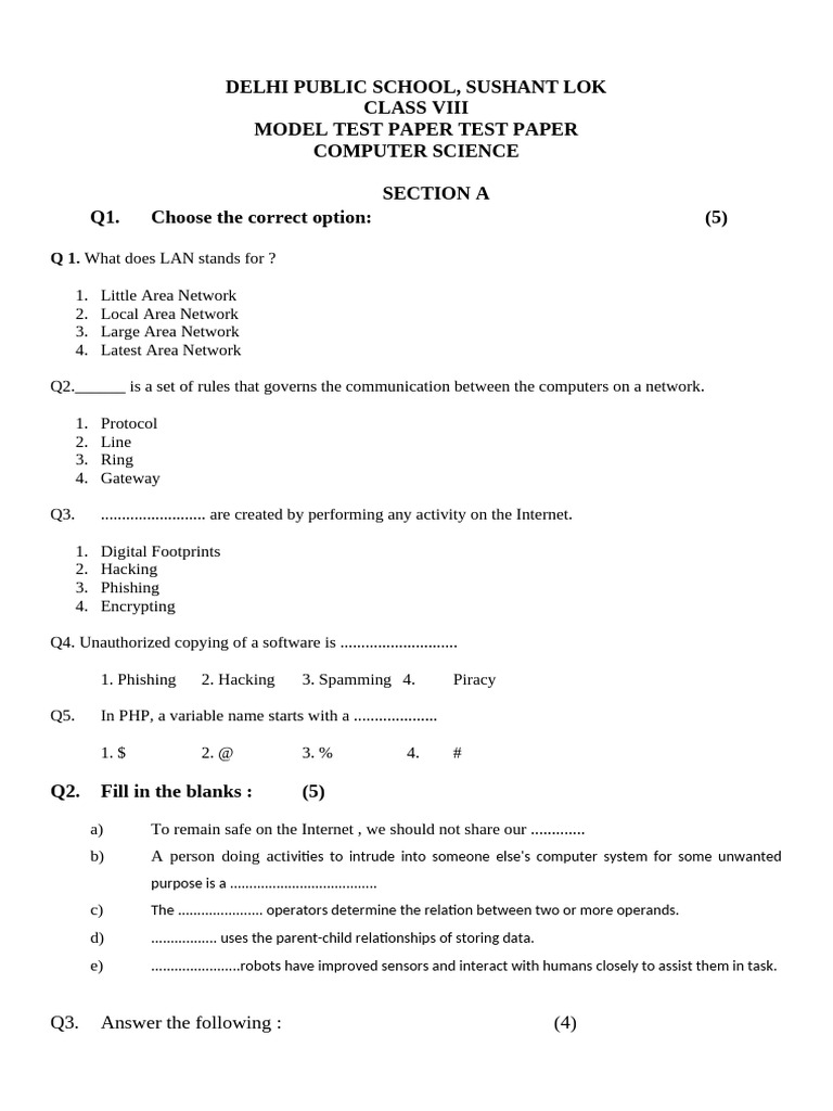 Class VIII ModelTestPaper | PDF | Computer Network | Computers