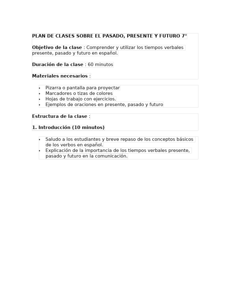Plan de Clases Sobre El Pasado, Presente y Futuro 7° | PDF