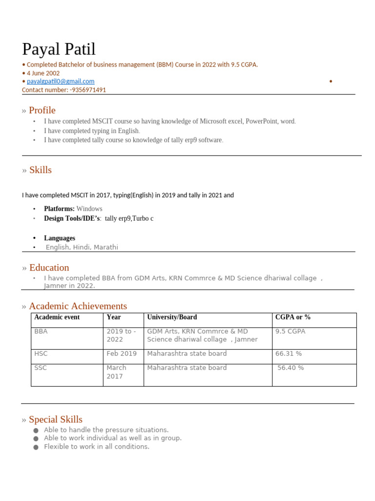 Payal Patil 28 Nov 2023 Resume | PDF