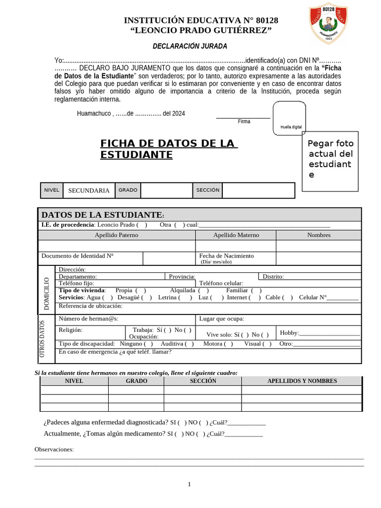 Ficha de Datos Generales de La Estudiante | PDF