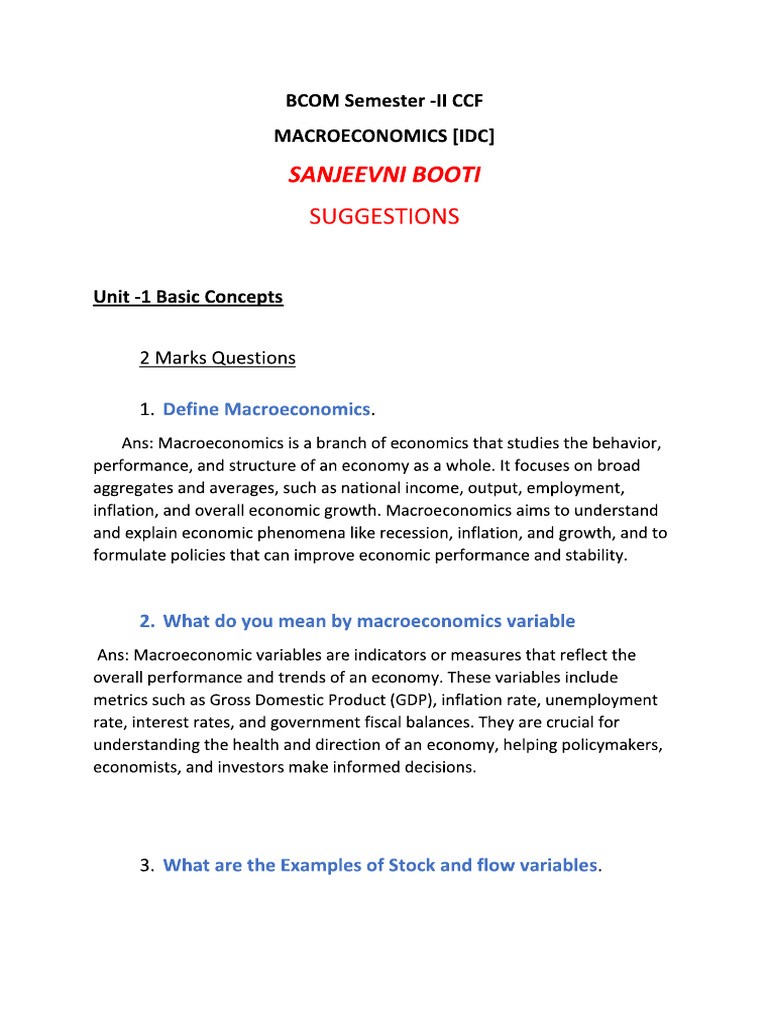 Macroeconomics Unit - 1 Sanjeevni Booti Solutions | PDF