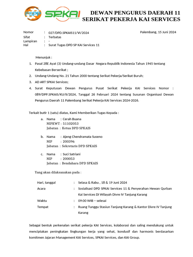 Surat Tugas DPD Spkais Sosialisasi & Penyerahan Hewan Qurban Di TNK | PDF