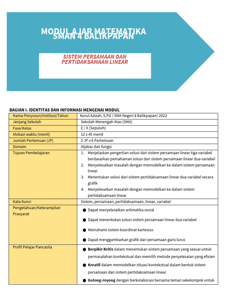 Modul Ajar Persamaan Linier | PDF