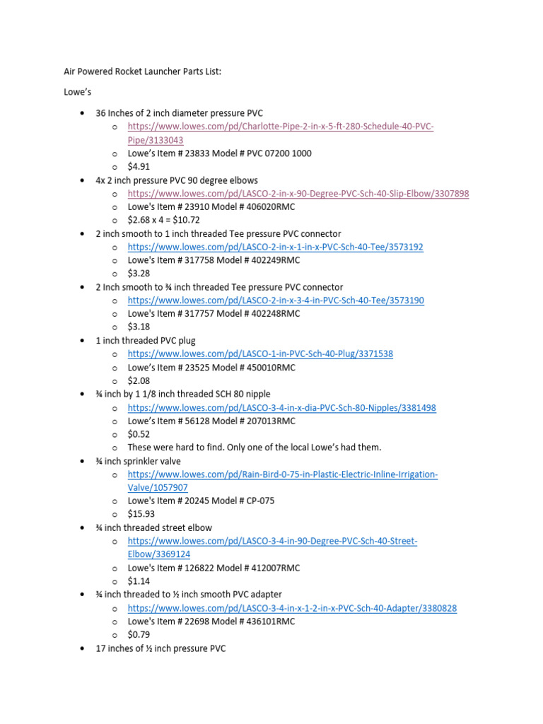 Air Powered Rocket Launcher Parts List | PDF