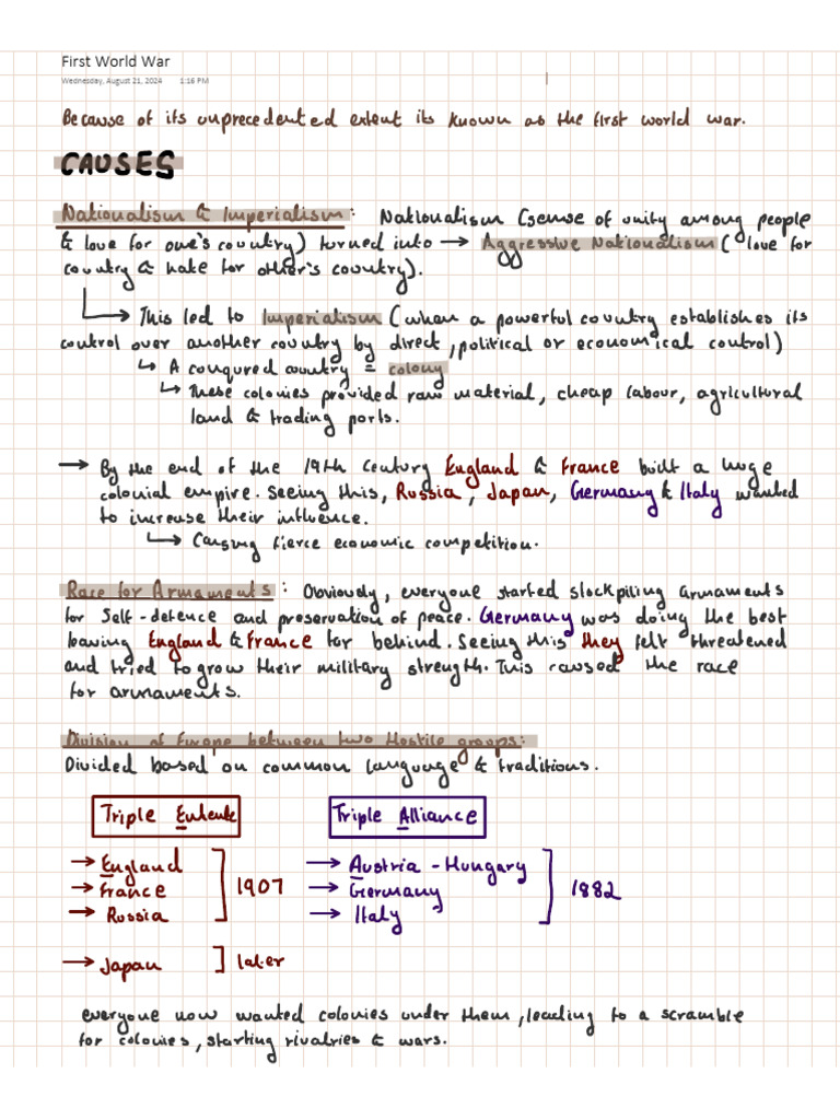 First World War Class 10 ICSE NOTES | PDF