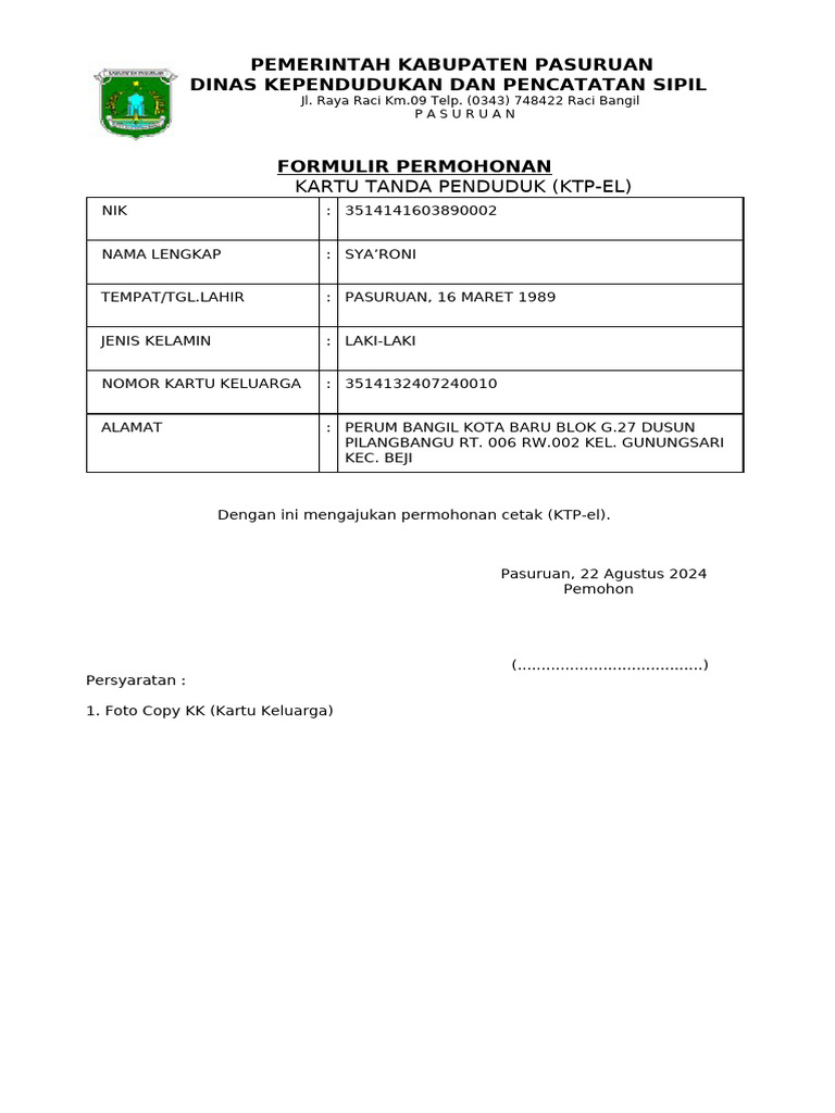 Form Pendaftaran Ktp-El | PDF