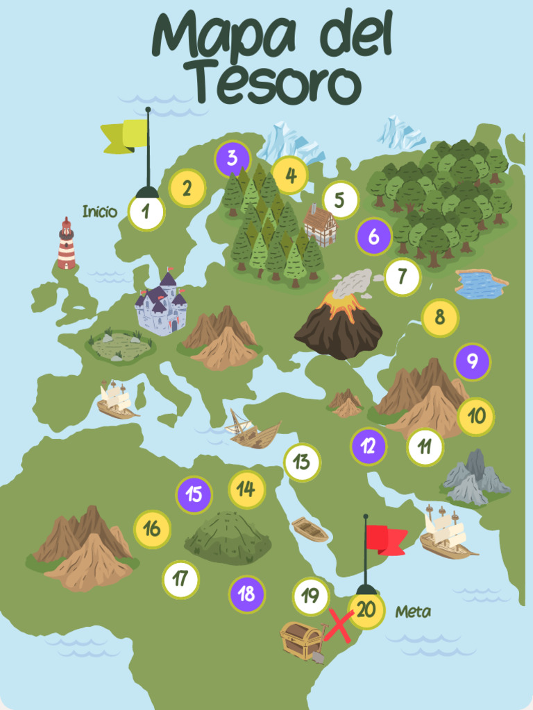 Treasure Map Worksheet in Green and Blue Cartoon Style | PDF