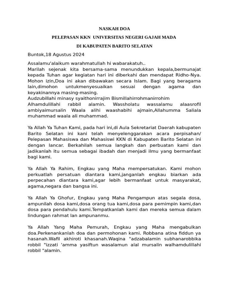 Naskah Doa Pelepasan KKN Universitas Negeri Gajah Mada Di Kabupaten Barito Selatan | PDF
