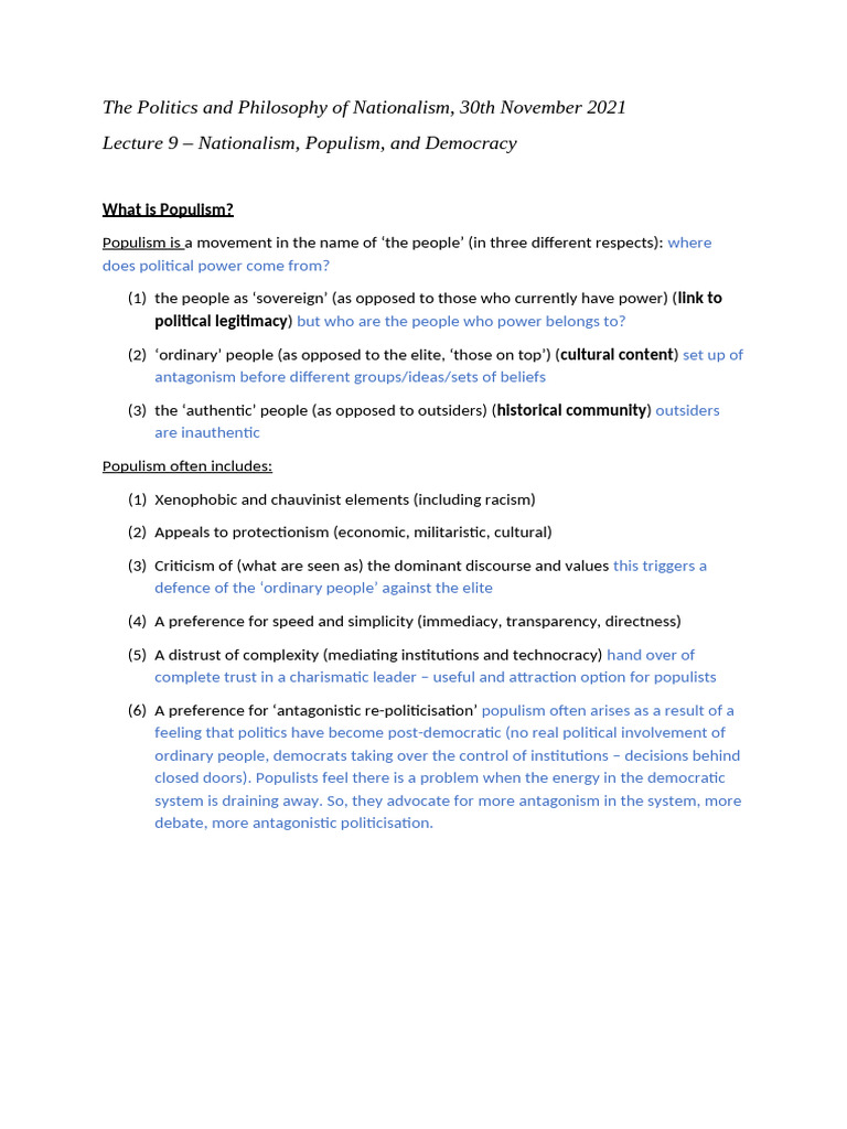 Lecture 9 - Nationalism, Populism and Democracy | PDF