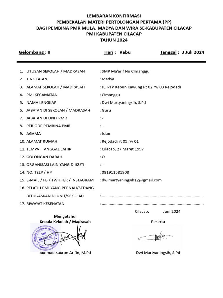 Lembar Konfirmasi Pembina PMR CMG | PDF