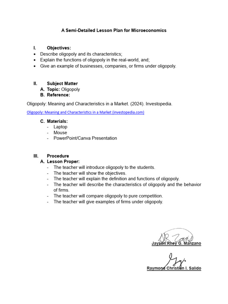 Lesson Plan For Microeconomics | PDF