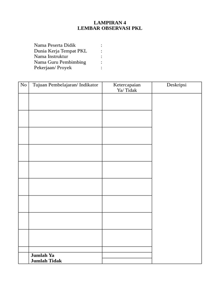 Template Lembar Observasi PKL | PDF