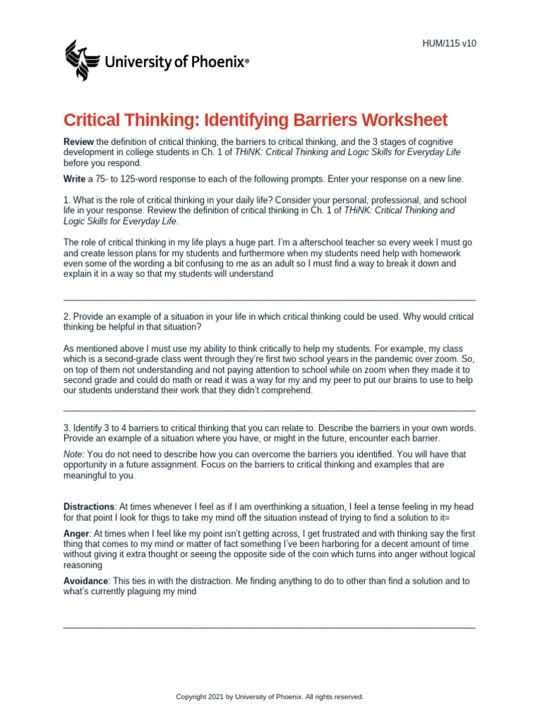 Hum115 v10 Wk1 Critical Thinking Identifying Barriers Worksheet-Completed | PDF