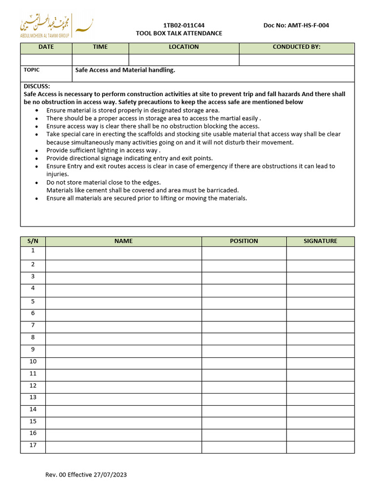 Amt-Hs-F-004 - Tool Box Talk Attendance Sheet (TBT) | PDF