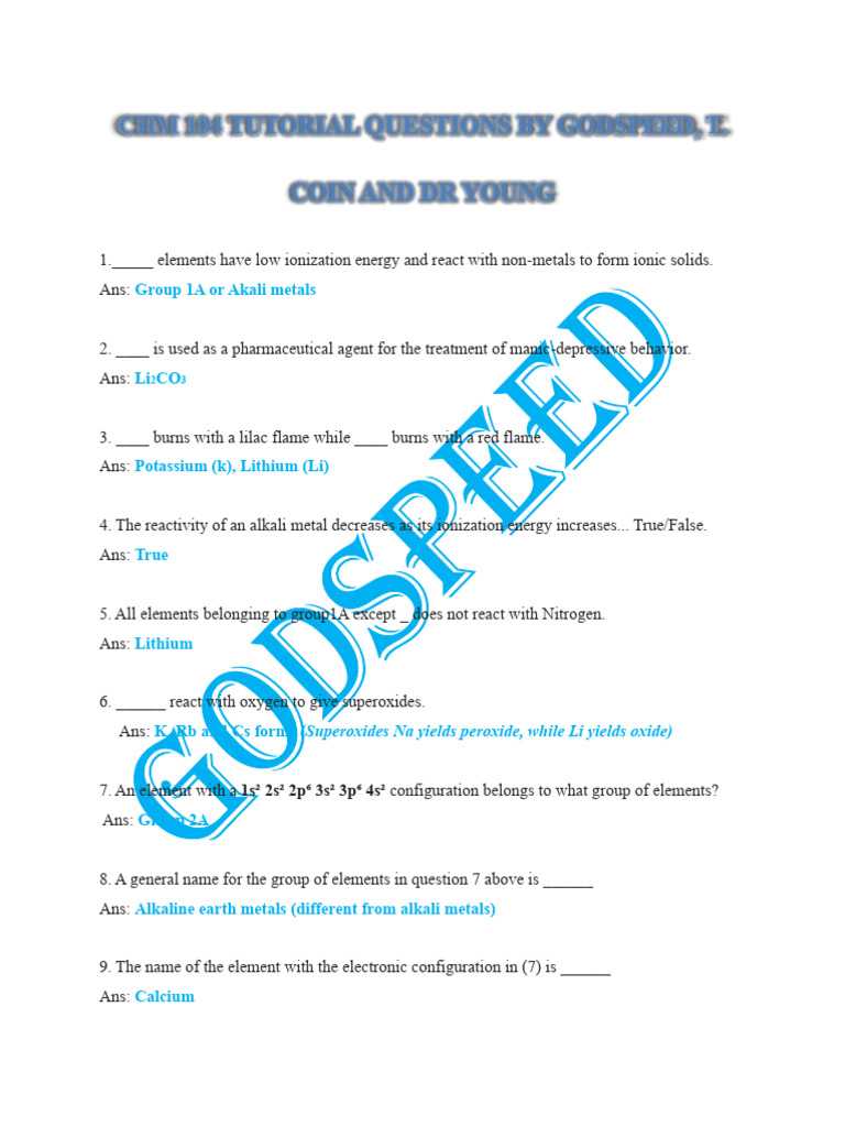 CHM 104 Tutorial Questions by Godspeed - 123548 | PDF
