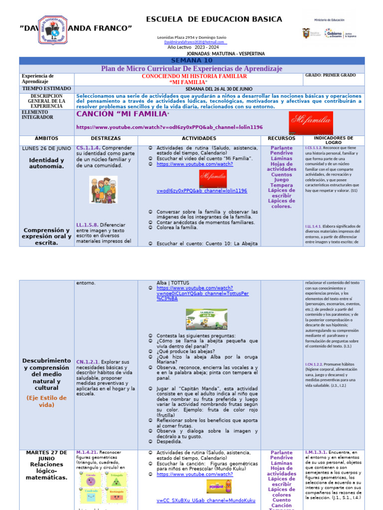 PLAN 1ero SEMANA 10 Mi Familia | PDF