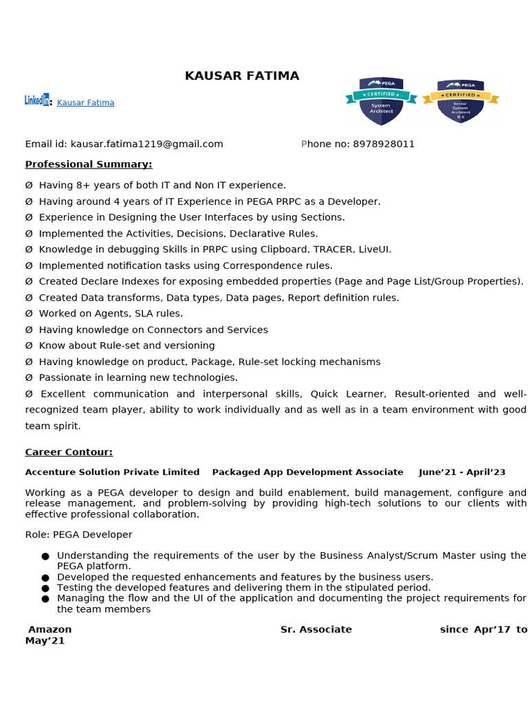 KAUSAR FATIMA Pega Resume | PDF | Computing | Business