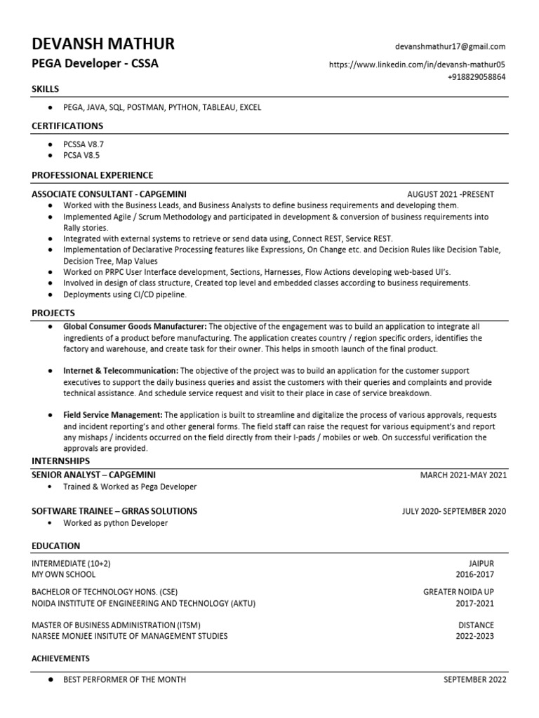 Devansh Mathur - Pega Resume | PDF | Computing | Information Technology