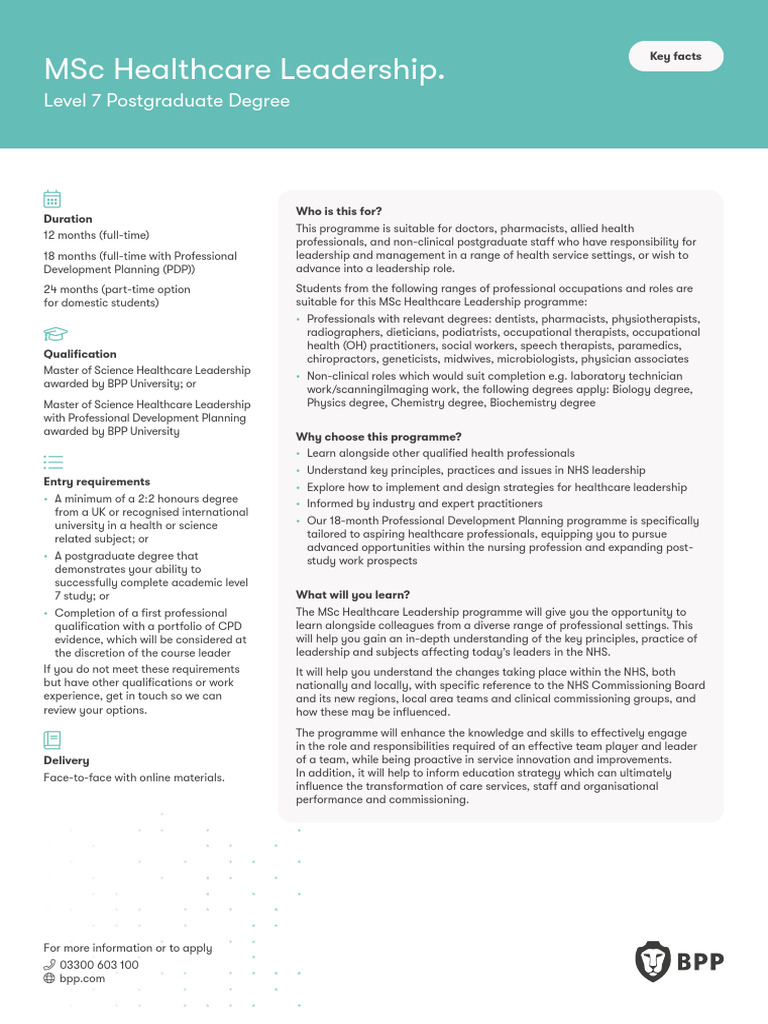 MSC Healthcare Leadership Factsheet | PDF | Health Professional ...