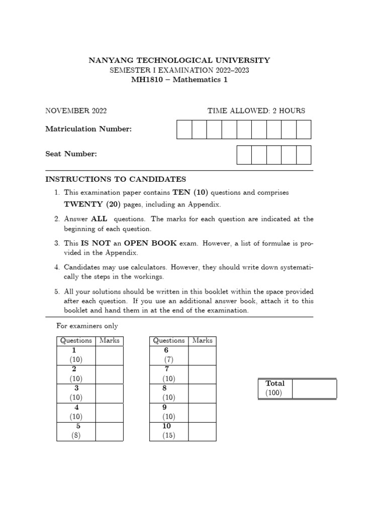 MH1810 2022-2023 Semester 1 | PDF