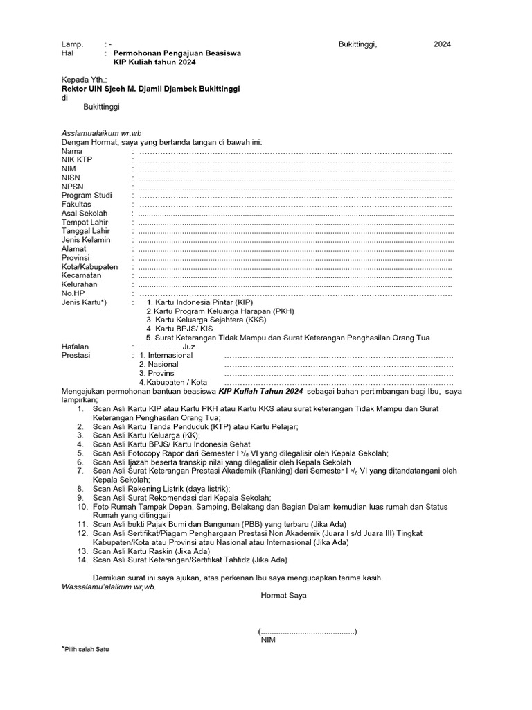 Permohonan Pengajuan Beasiswa KIP Kuliah Tahun 2024 | PDF