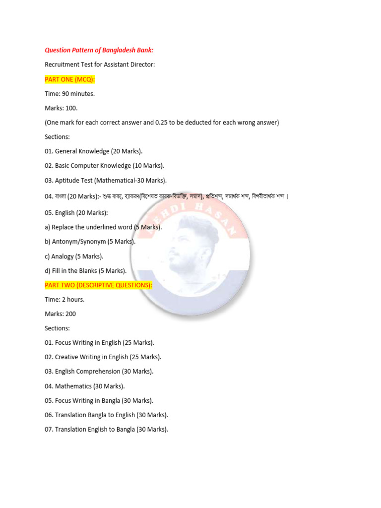 Question Pattern of Bangladesh Bank AD | PDF