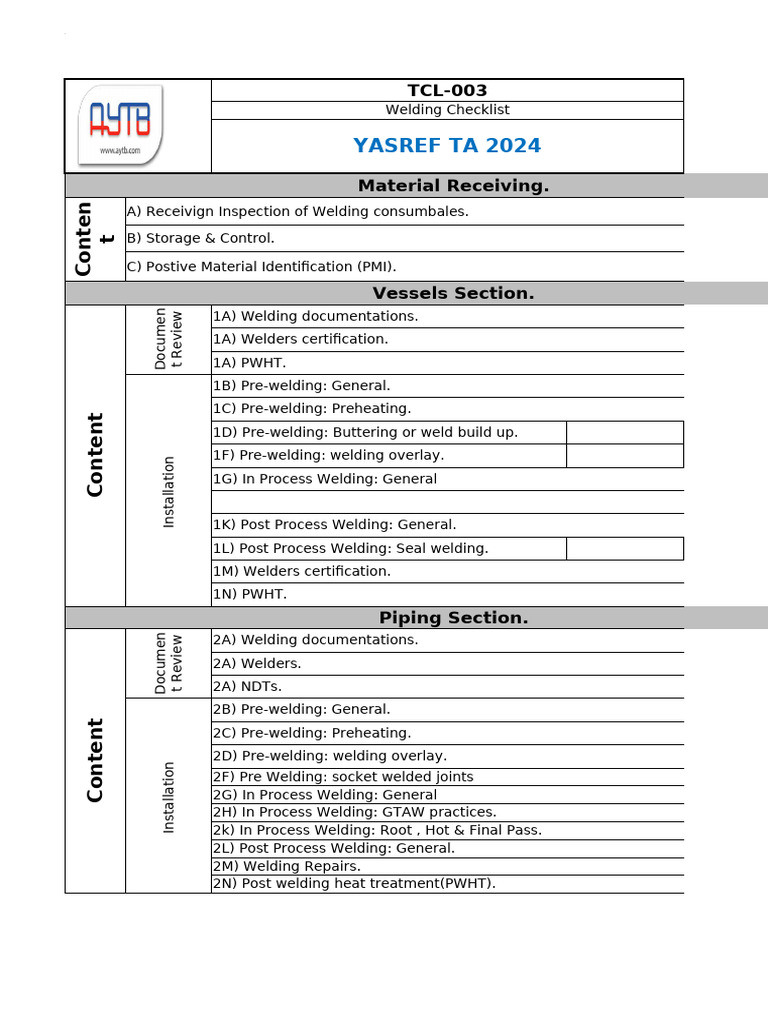 Tcl-003 Welding Checklist | PDF