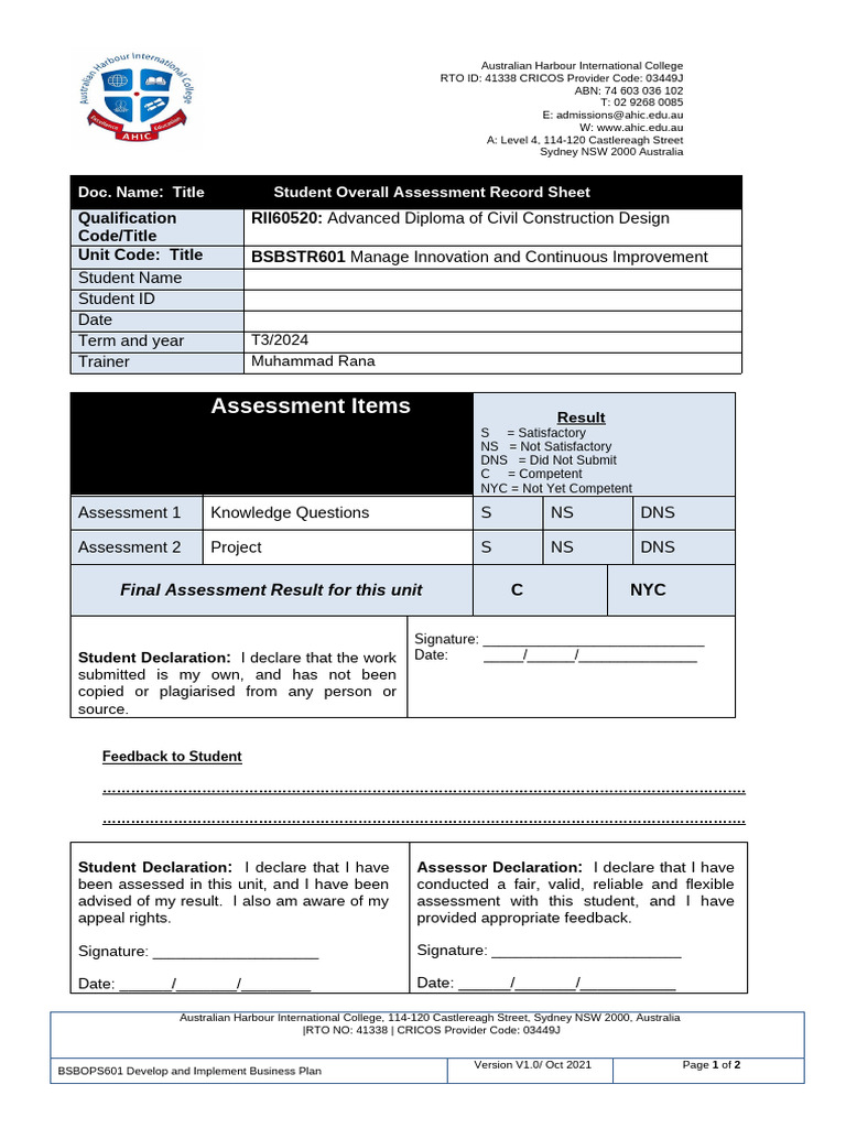 Overall Assesment Record Sheet BSBSTR601 | PDF