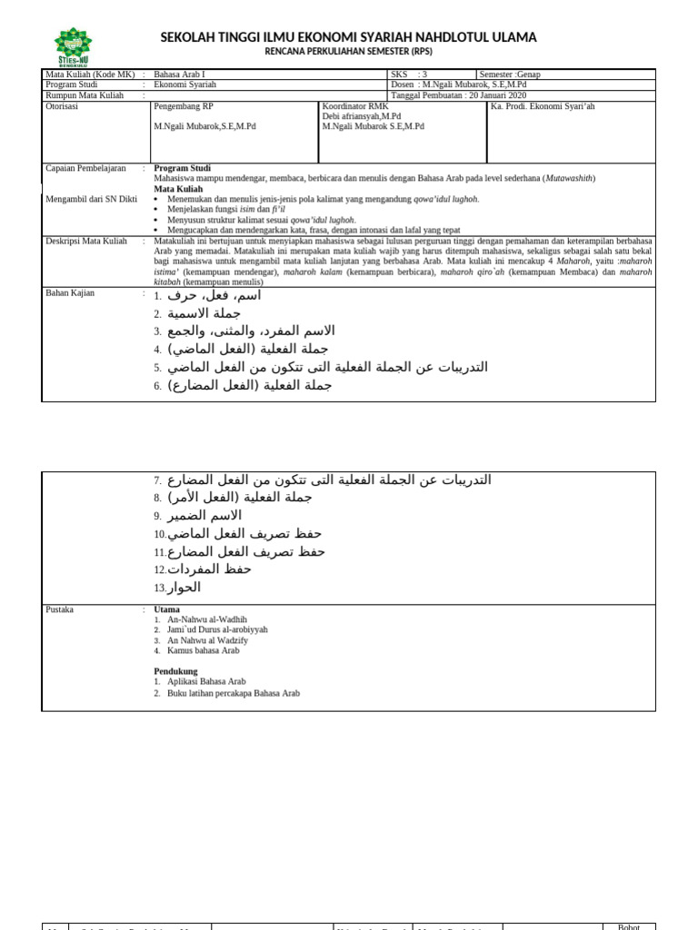 RPS Bahasa Arab Stiesnu | PDF