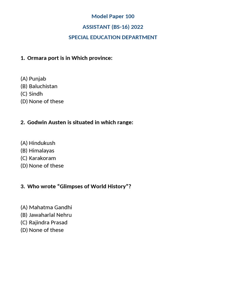 Model Paper 100 | PDF