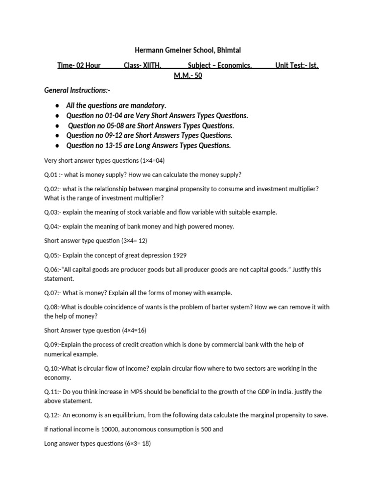 Xiith Economics Ut 1 Paper | PDF | Economic Equilibrium | Business