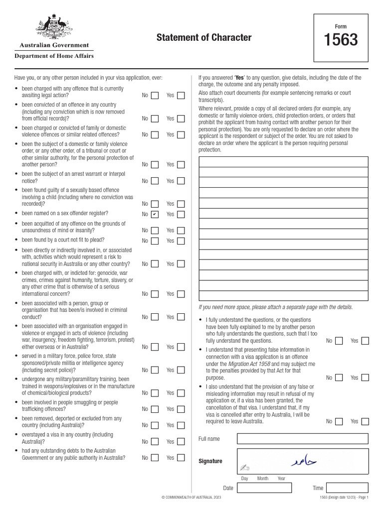 Statement of Character: Department of Home Affairs | PDF