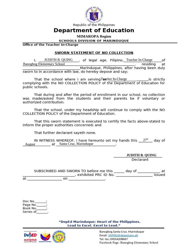 Sworn Statement of No Collection | PDF