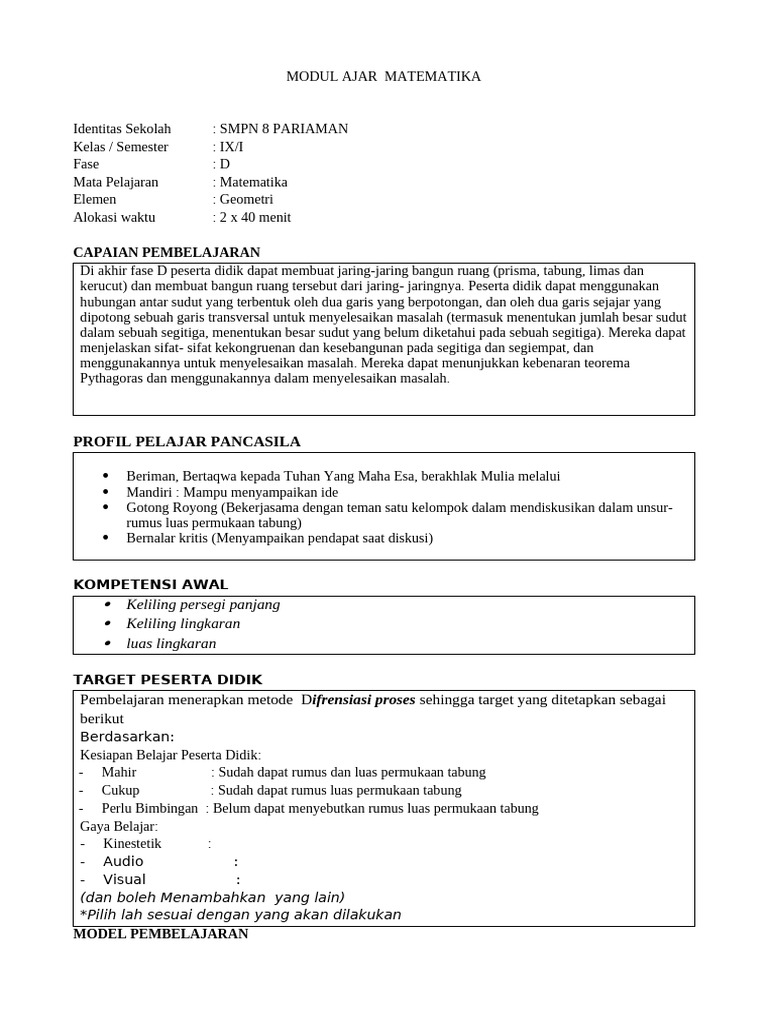 Modul Ajar Mat 9 Sem 1 24-25 | PDF