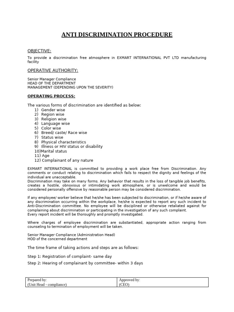 Anti Discrimination Procedure | PDF