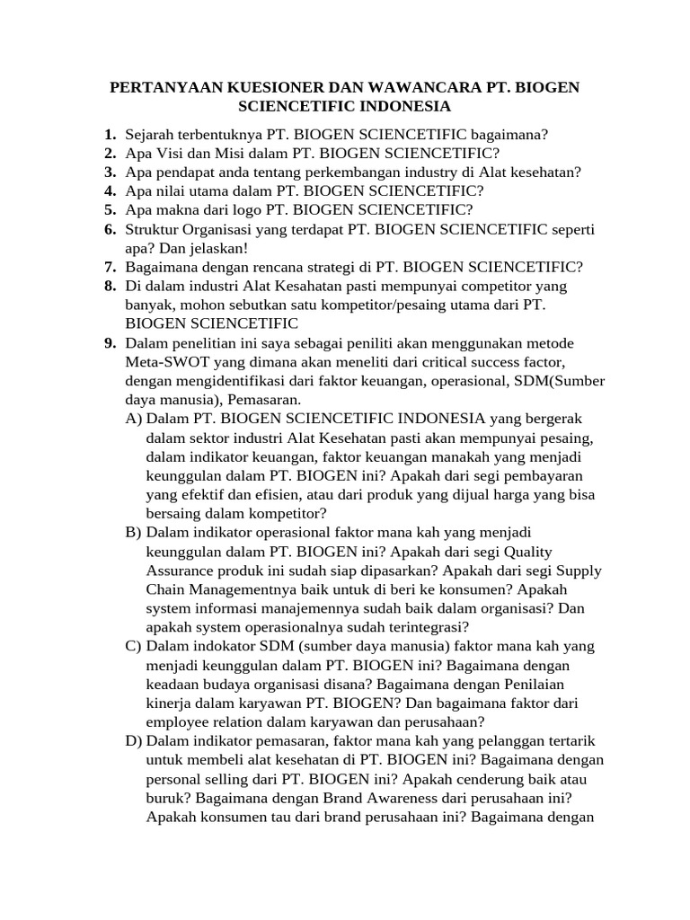Pertanyaan Kuesioner Dan Wawancara PT Biogen Sciencetific Indonesia | PDF