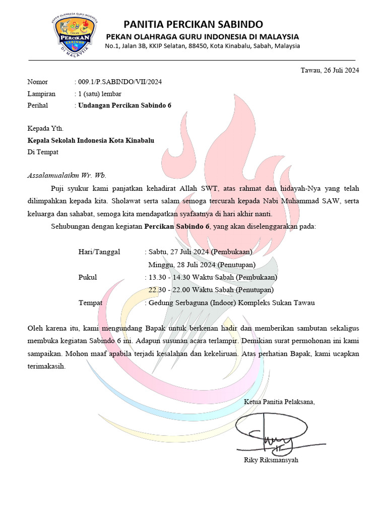 Surat Undangan Percikan Sabindo - Kepsek SIKK | PDF